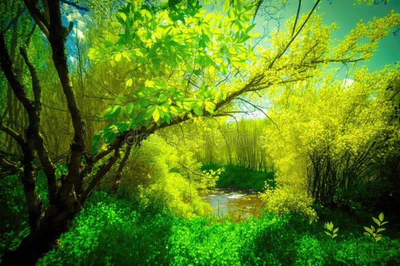 Sunny Spring Day Against Backdrop of Beautiful Green Thicket Stock ...