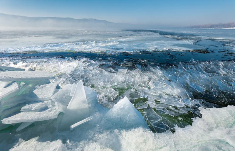 Early Spring River with Floating Ice Stock Image - Image of background ...