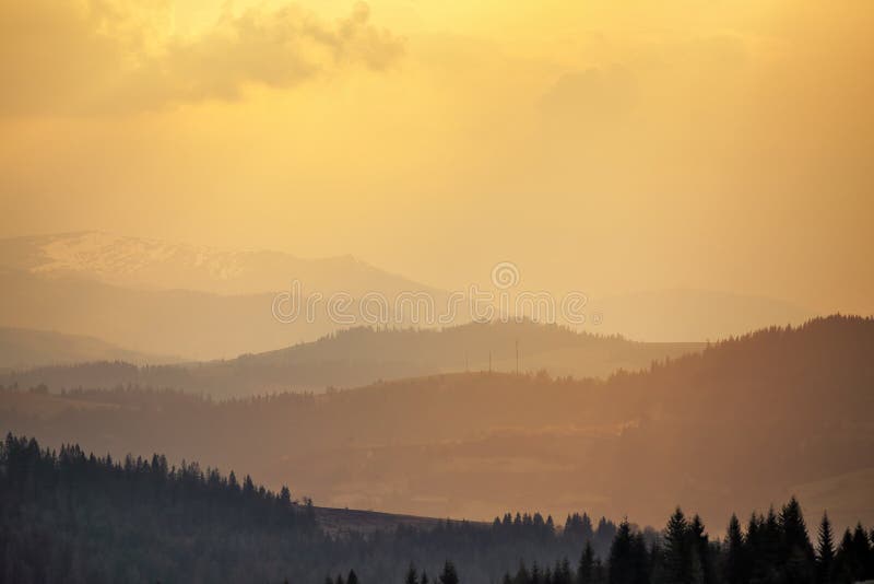 Sunny Spring Evening in Mountain Village. Fields and Hills Stock Image ...