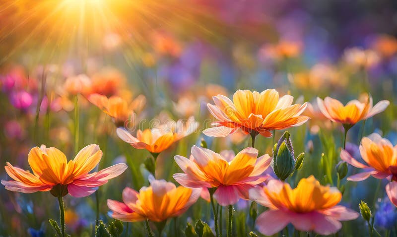 Sunny Spring Field: Vibrant Flowers Under the Sun Stock Illustration ...