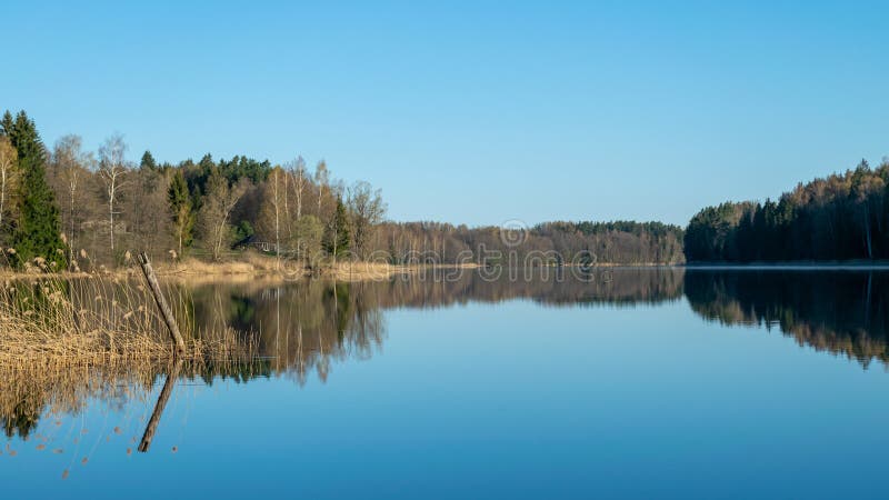 Sunny Spring Landscape with Calm Lake, First Green of Spring in Trees ...