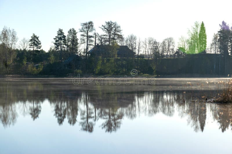Sunny Spring Landscape with Calm Lake, First Green of Spring in Trees ...