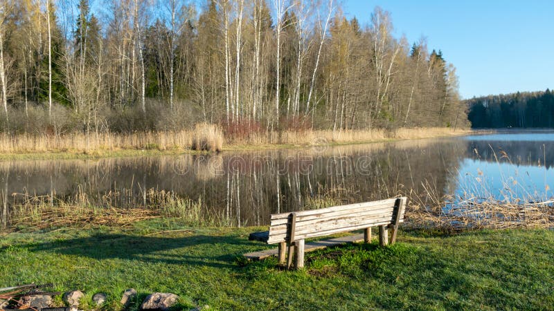 Sunny Spring Landscape with Calm Lake, First Green of Spring in Trees ...