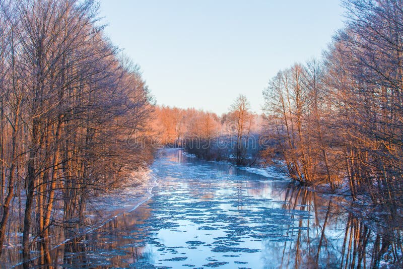 Sunny Spring Morning on River Full of Water Stock Photo - Image of ...