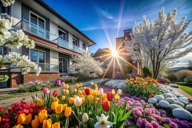 Sunny Springtime Homes, Blooming Gardens, Lush Landscaping Stock ...