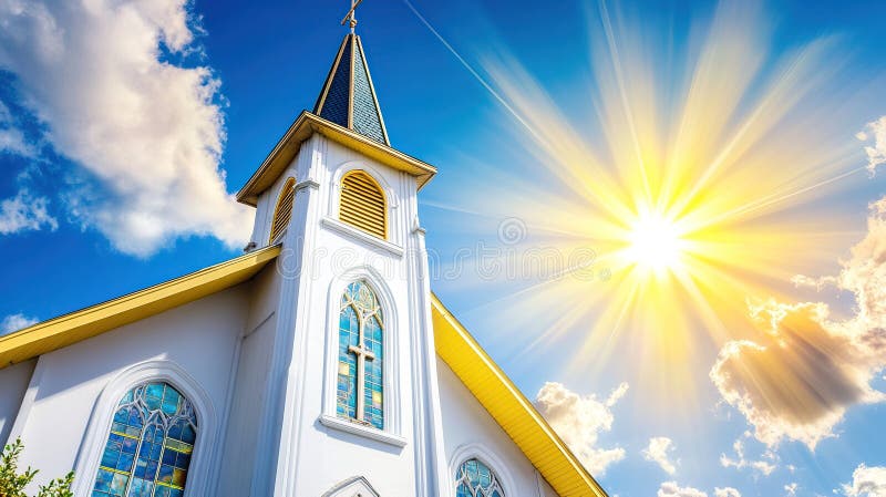 Sunny Steeple, Church, Blue Sky, Clouds, Faith Stock Image - Image of ...