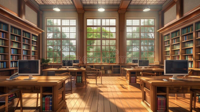 A Sunny Student Library with Rows of Bookshelves and Computers, Perfect ...