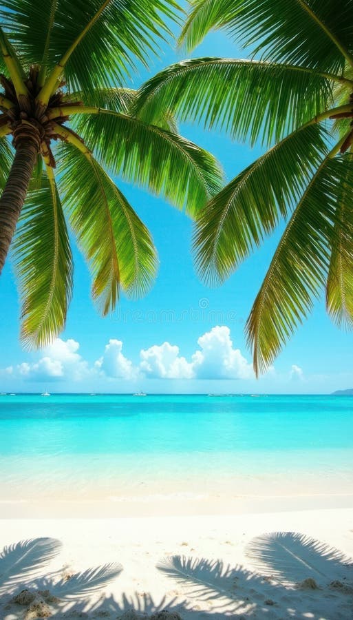 Sunny Summer Beach, Coconut Palms Framing Turquoise Water, View, Bright ...