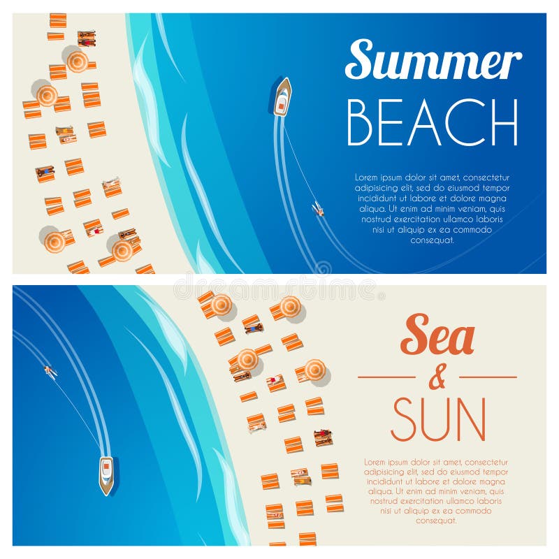Sunny Summer Beach Horizontal Banners with Beach Chairs and People ...