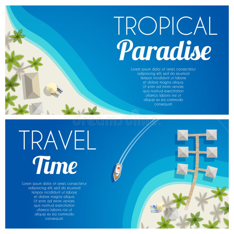 Sunny Summer Beach Horizontal Banners with Palms and Bungalows. Vector ...