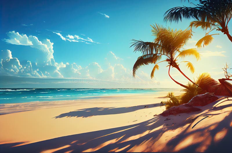 Sunny Summer Beach with Palms Stock Illustration - Illustration of ...