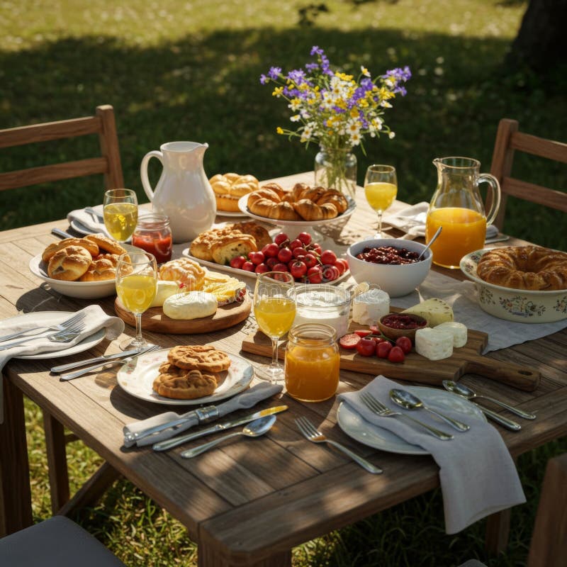 Sunny Summer Breakfast Table Outdoors with Pastries and Fruit Stock ...