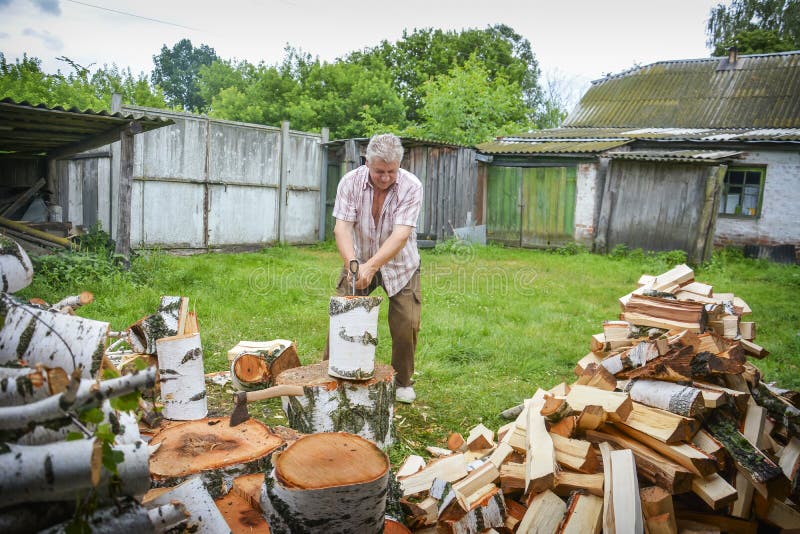 On a Sunny Summer Day, a Man is Chopping Firewood in the Yard Stock ...