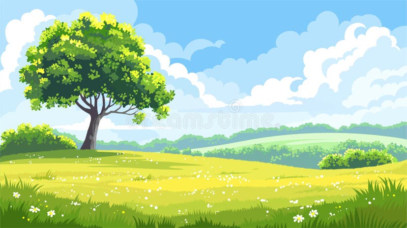 Sunny Summer Landscape, Field with a Single Tree. Vector Illustration ...