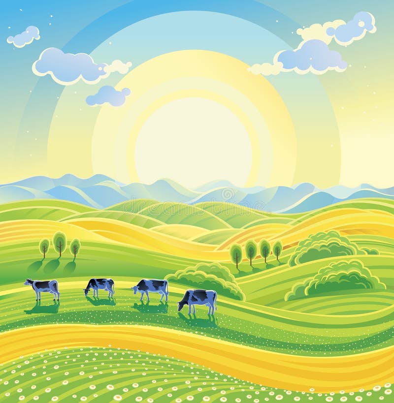 Sunny Rural Landscape with Rolling Hills and Fields. Stock Vector ...