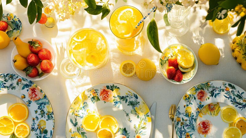 A Sunny Summer Table Setting with Lemonade, Fruits, and Vibrant Plates ...