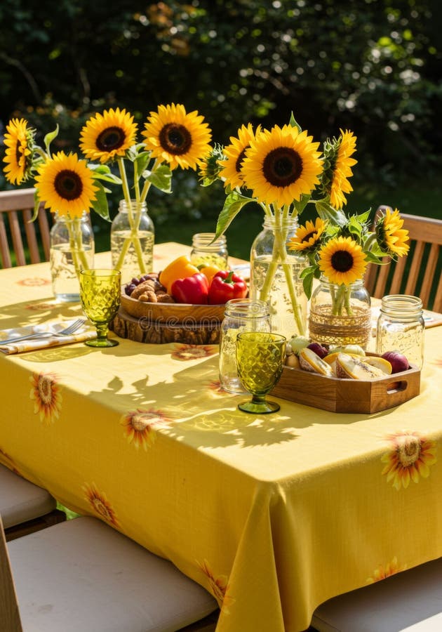 Sunny Summer Table Setting with Sunflowers Stock Image - Image of jars ...