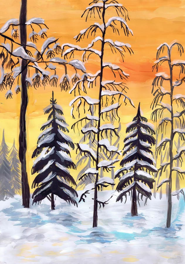 Sunny Sunset in the Winter Forest. Landscape Stock Illustration ...
