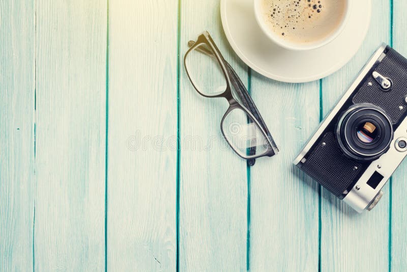 Sunny Table with Camera, Glasses and Coffee Stock Photo - Image of ...