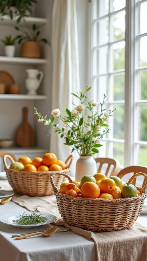 Sunny Table Setting with Wicker Baskets of Fresh Citrus Fruits and ...