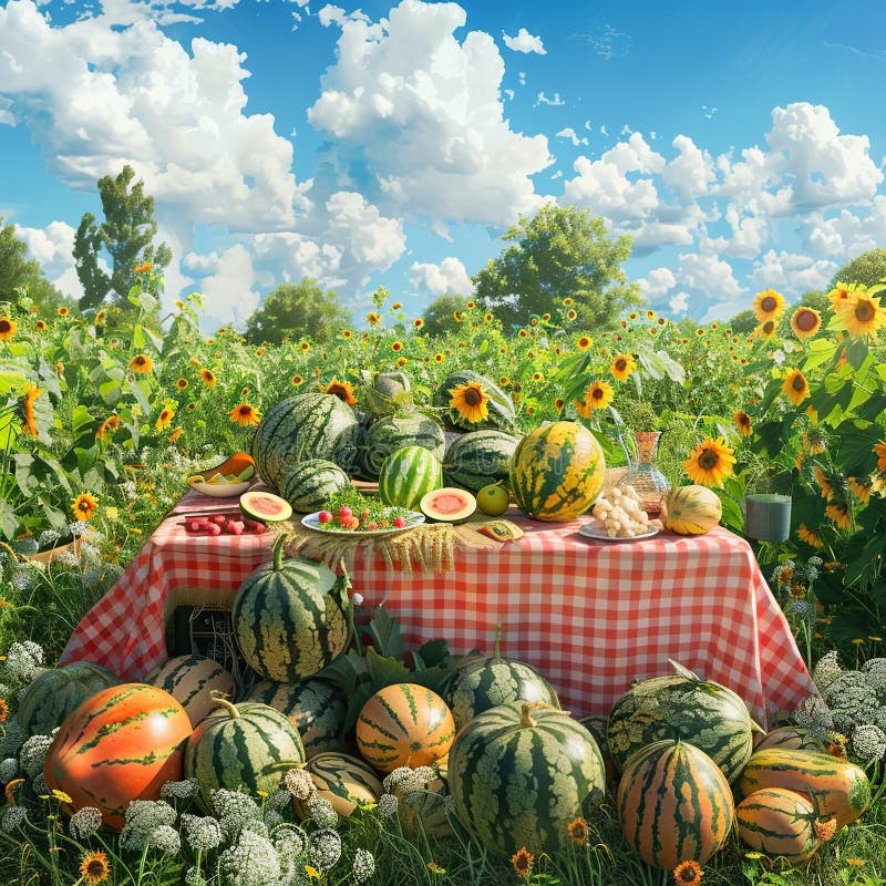 Sunny Table with Watermelons and Melons in a Vibrant Field Stock ...