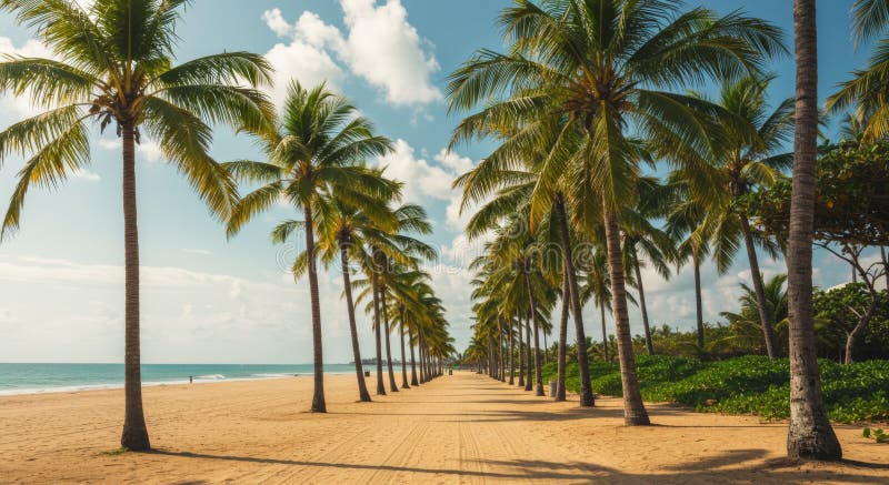 Sunny Tropical Beach with Palm Tree Pathway Stock Illustration ...