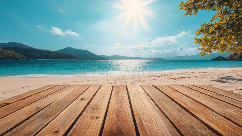 Sunny Tropical Beach with Wooden Deck and Ocean View Stock Illustration ...