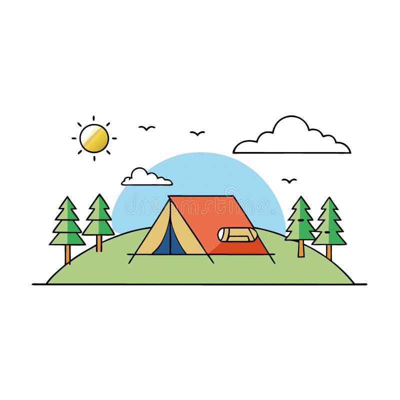 Sunny Wilderness Camping Scene. Tent. Sky Mostly. Clean Natural Environment. Copy Space for Text ...
