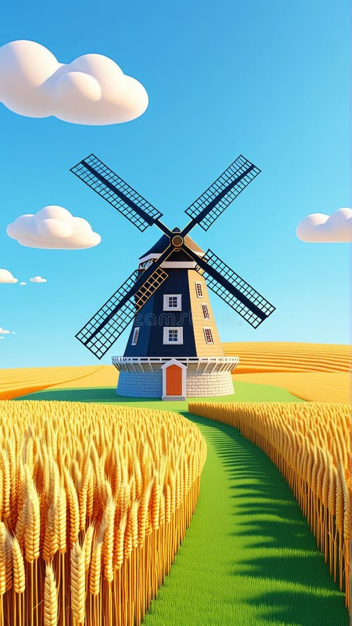 Sunny Windmill in Vast Wheat Field Under Blue Sky with Fluffy Clouds ...