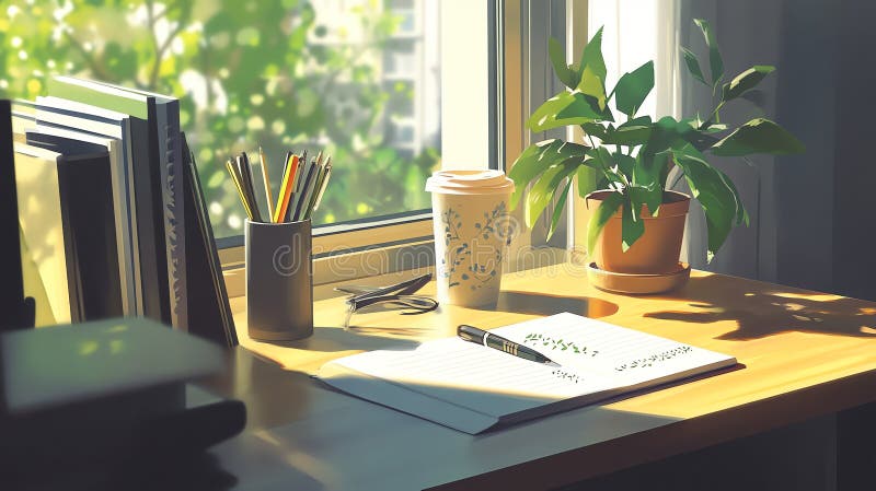 Sunny Window Desk Illustration Stock Photo - Image of greenery, light ...