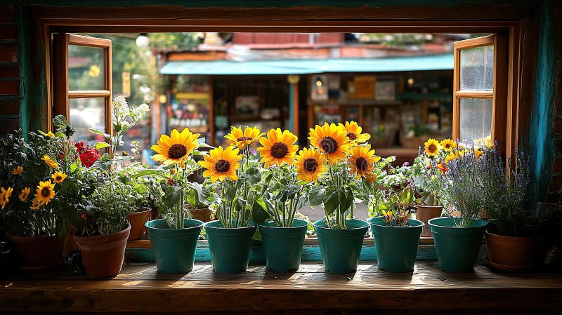 Sunny Window Display of Sunflowers and Other Flowers Stock Illustration ...