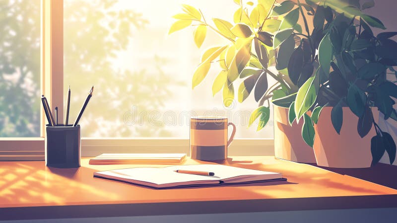 Sunny Window Illustration: Desk Workspace Stock Photo - Image of still ...