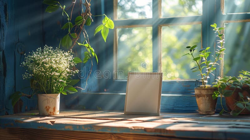 Sunny Window with Plants and Empty Frame - Generative AI Stock ...