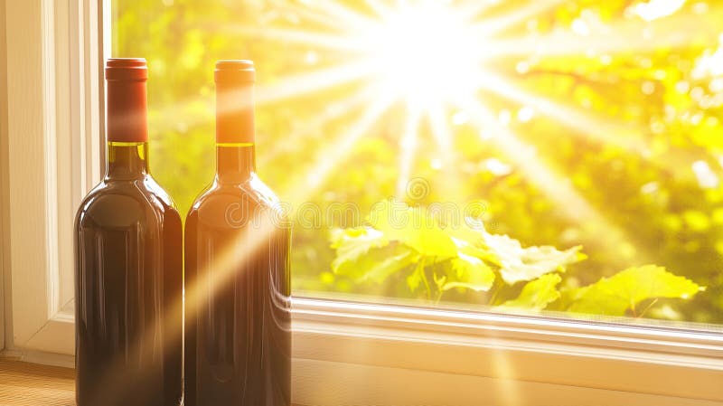 Sunny Window, Two Wine Bottles, Summer Garden View, Relaxation Stock ...