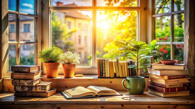Sunny Windowsill Scene with Open Book, Potted Plants, and Stacks of ...