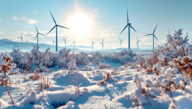 Sunny Winter Scene with Snow and Wind Turbines Stock Illustration ...