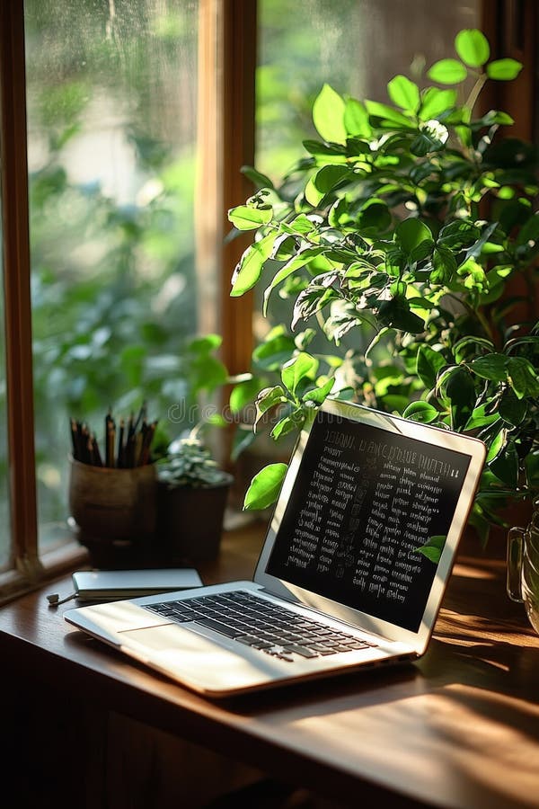 Sunny Workspace, Open Laptop Near Window with Greenery on Desk, Home ...
