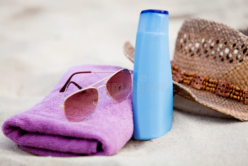 Sunprotection Objects on the Beach in Holiday Stock Photo - Image of ...