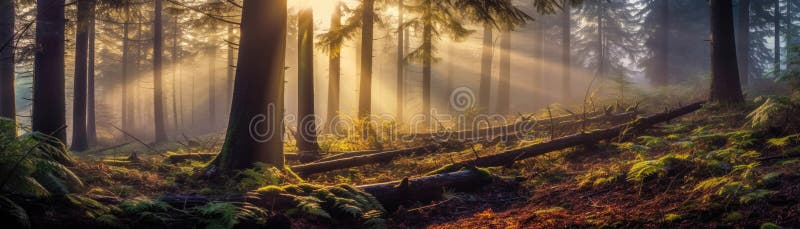 Sunrays Breaking through Thick Fog in a Forest Banner Background ...