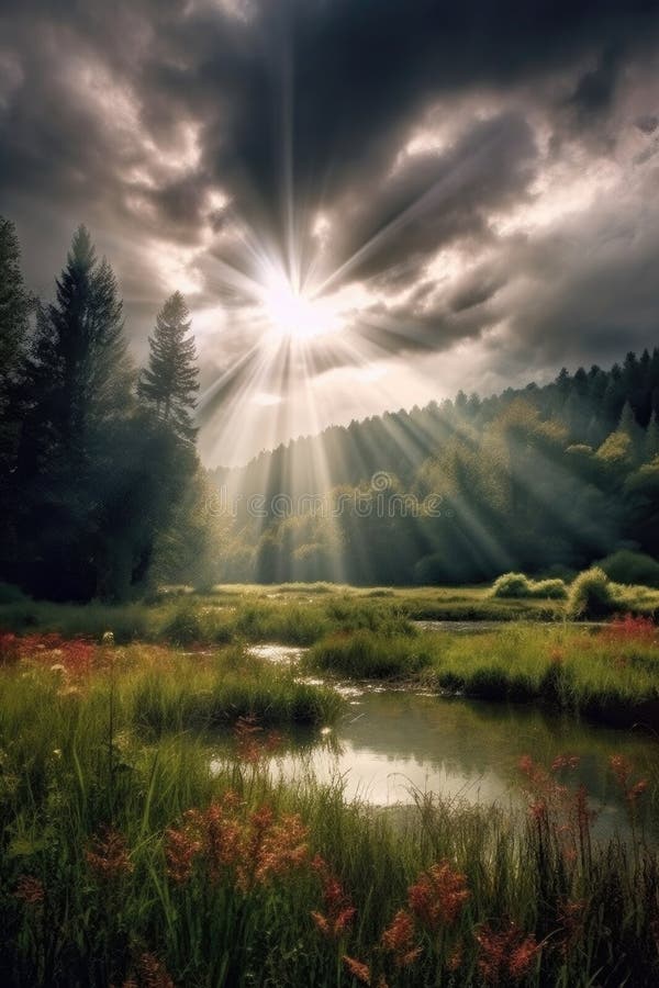 Sunrays Bursting through a Break in the Clouds, Illuminating the Scene ...