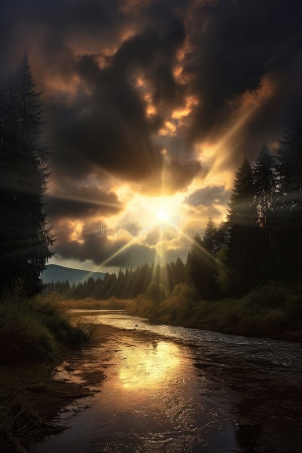 Sunrays Bursting through a Break in the Clouds, Illuminating the Scene ...