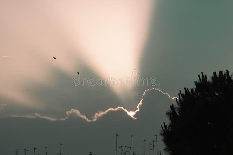 Sunrays Emerge Trough the Clouds in a Sky at Dawn Stock Image - Image ...