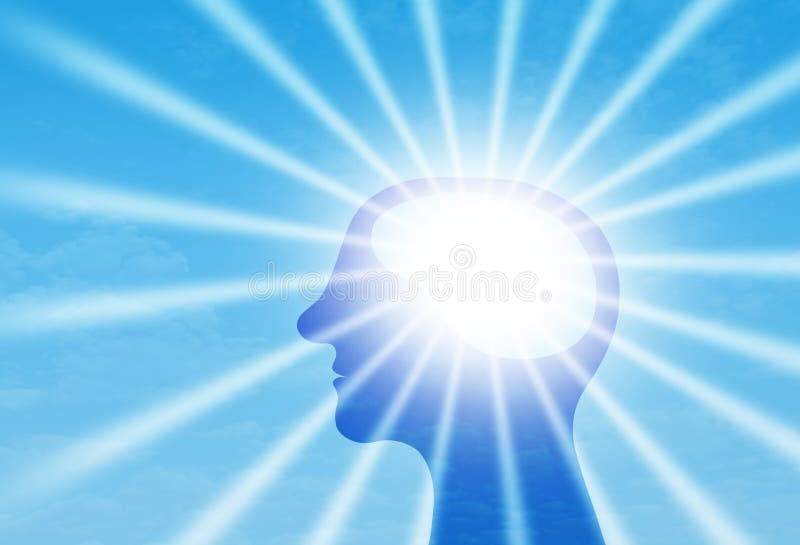 Brain Power Concept Positive Thinking. Human Head in Front of Sun Rays ...
