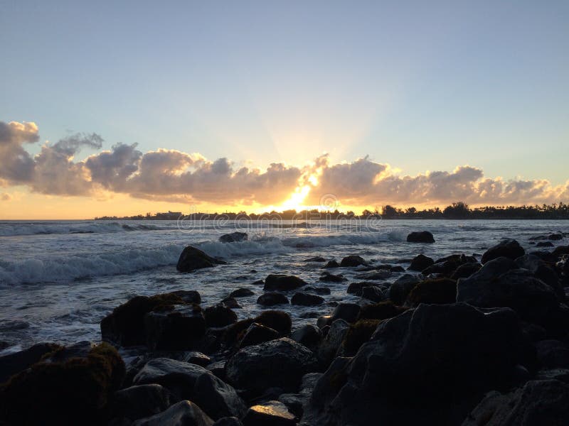 Sunrise Above Hilo Bay in Hilo, Hawaii. Stock Photo - Image of rock ...