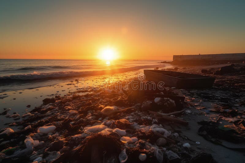 Sunrise Above the Ocean of Garbage. Environmental Awareness Concept ...