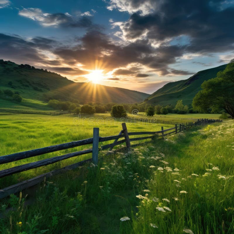 Sunrise Against the Backdrop of a Field with Grass Stock Image - Image ...