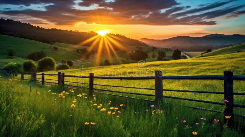 Sunrise Against the Backdrop of a Field with Grass Stock Photo - Image ...