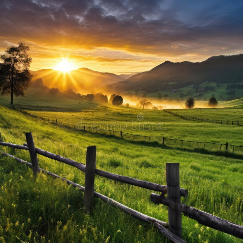 Sunrise Against the Backdrop of a Field with Grass Stock Photo - Image ...