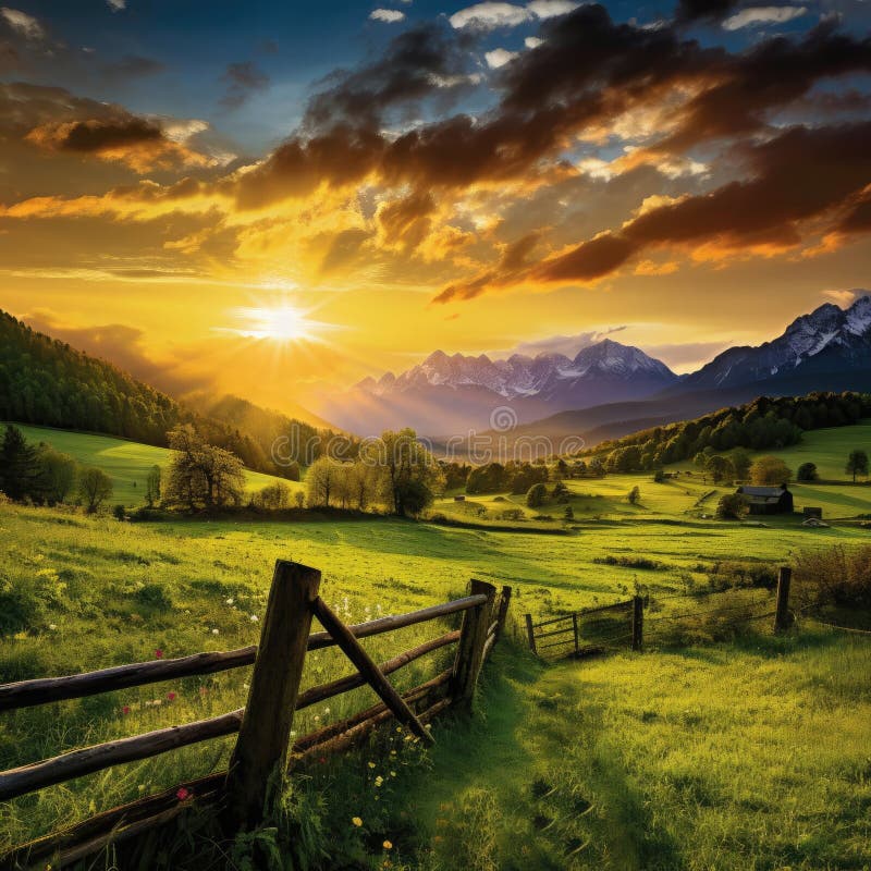 Sunrise Against the Backdrop of a Field with Grass Stock Photo - Image ...