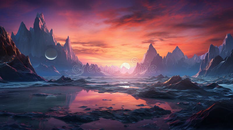 Sunrise on Another Planet Sunrise Over an Extraterrest_008 Stock Illustration - Illustration of ...